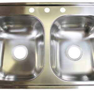 Westbrass S3348-26 Drop-In Stainless Steel 3-Hole 50/50 Double Bowl Kitchen Sink Set with Faucet in Polished Chrome (Strainers not included) 33" Polished Chrome