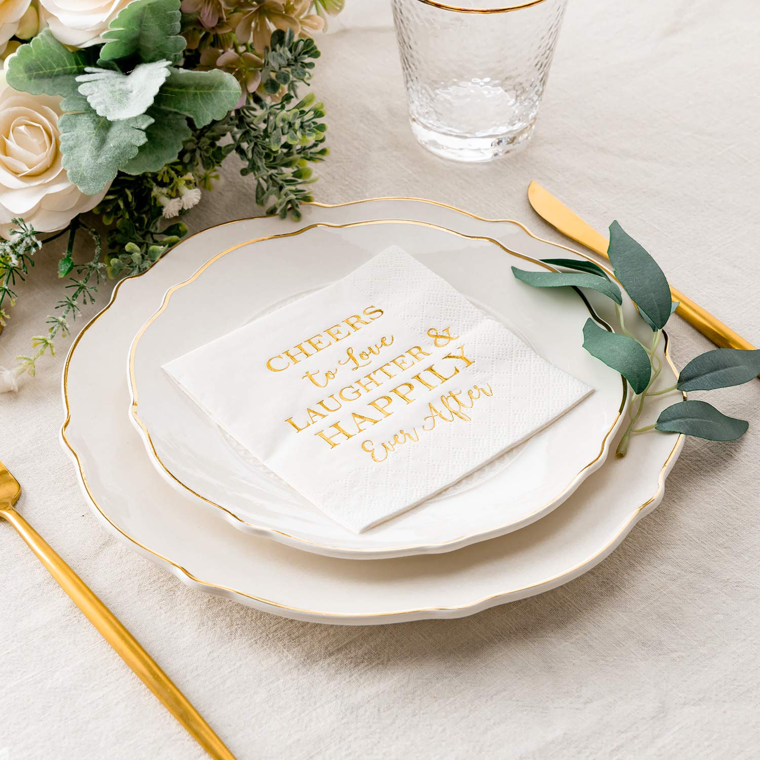 Crisky 100 Count Bridal Shower Napkins Disposable Cocktail Napkins 3-Ply Gold Foil Text Beverage Napkins for Engagement Party Decorations & Wedding Shower