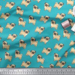 Soimoi Dressmaking Pug Dog Print 58 Inches Wide Decorative Cotton Cambric Fabric by The Yard - Aqua Blue