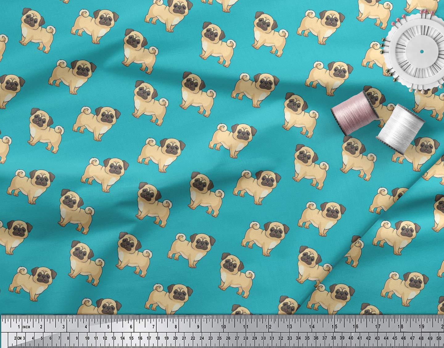 Soimoi Dressmaking Pug Dog Print 58 Inches Wide Decorative Cotton Cambric Fabric by The Yard - Aqua Blue