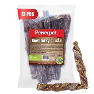 powerpet treats beef jerky twists - 100% natural dog chews - high protein, low fat - made from premium beef esophagus - promotes dental health - long-lasting treats - great for all breeds - pack of 12