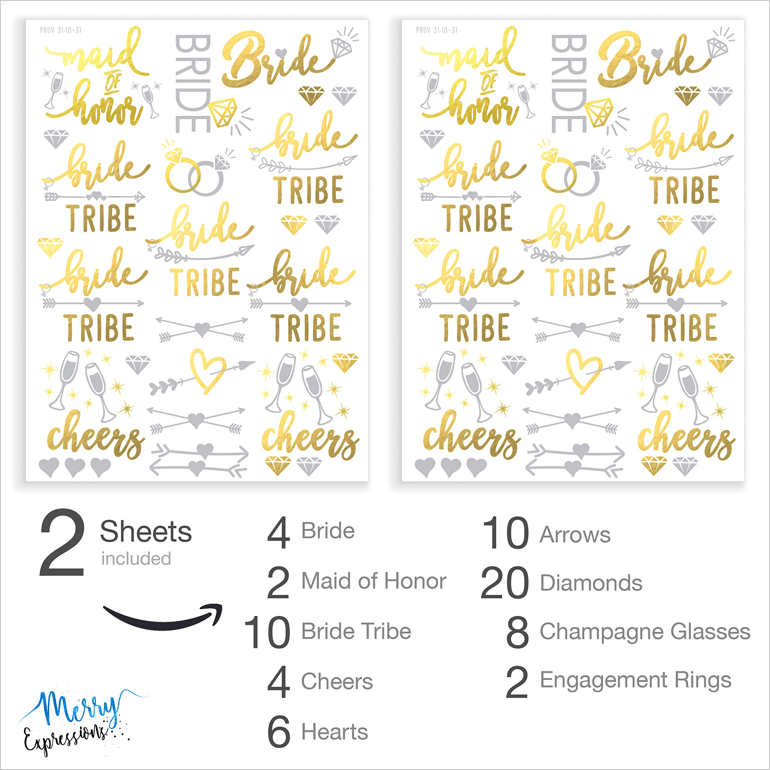 Bachelorette Party Tattoos - 120+ Metallic Gold & Silver Sweat & Water Resistant Tats - Bachelorette Party Decorations For Bridesmaids, Maid Of Honor & Bride Tribe by Merry Expressions