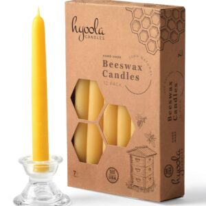 Hyoola 7 Inch Beeswax Taper Candles 12 Pack - Handmade, All Natural, 100% Pure Unscented Bee Wax Candle - Tall, Decorative, Golden Yellow - 7 Hour Burn Time