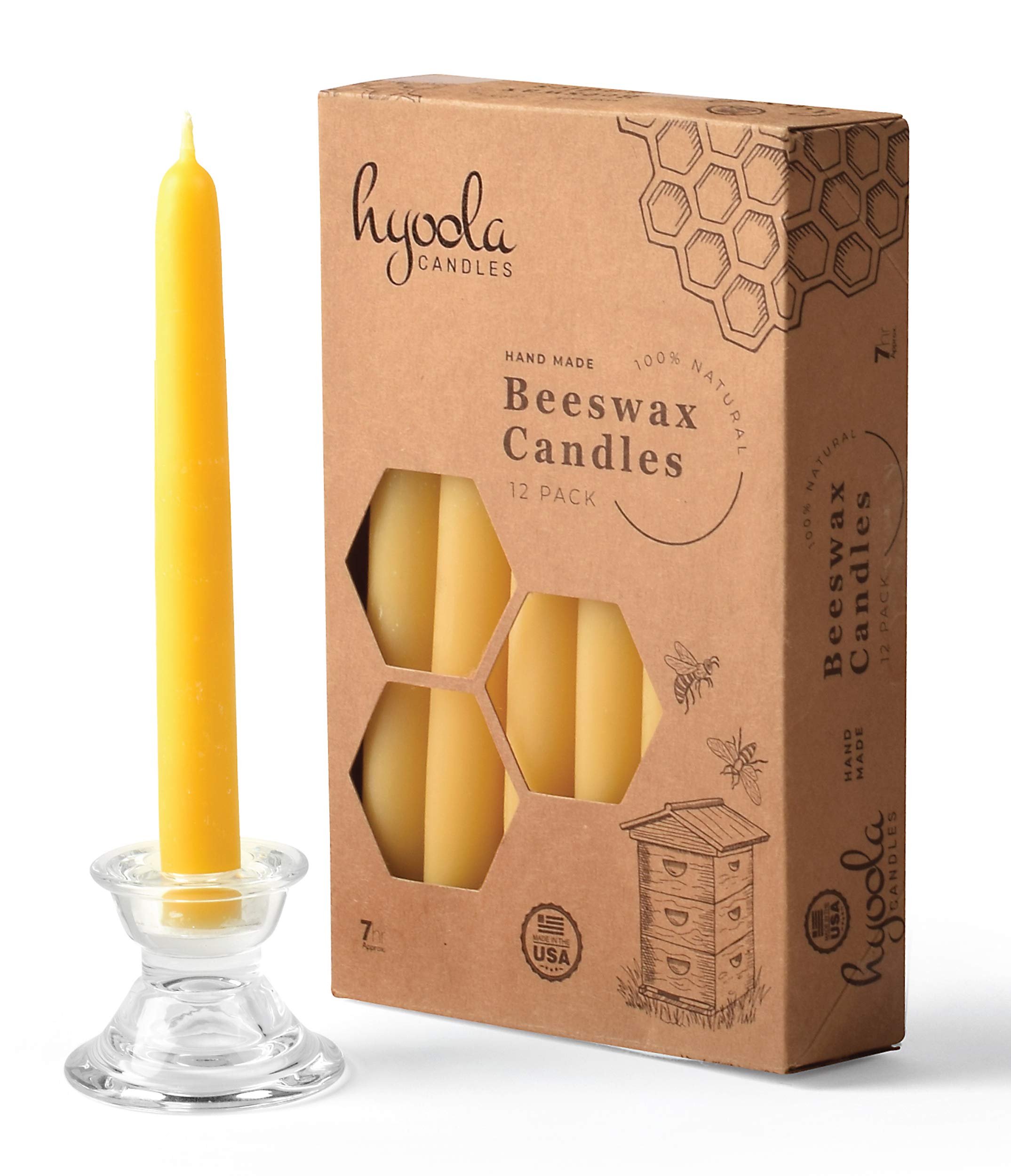 Hyoola 7 Inch Beeswax Taper Candles 12 Pack - Handmade, All Natural, 100% Pure Unscented Bee Wax Candle - Tall, Decorative, Golden Yellow - 7 Hour Burn Time