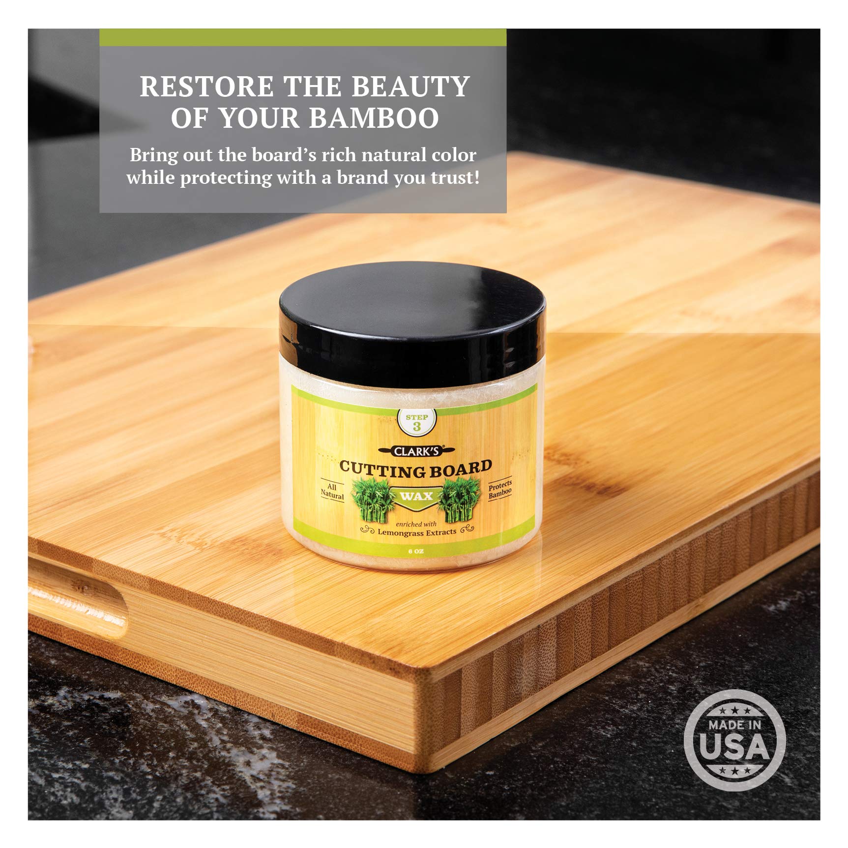 CLARK'S Cutting Board Wax Food Grade - All Natural Butcher Block Conditioner for Wooden Kitchen Utensils - Food Grade Beeswax for Cutting Board - Enriched with Lemongrass Extracts - 6oz