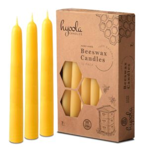 hyoola 7 inch beeswax taper candles 12 pack - handmade, all natural, 100% pure unscented bee wax candle - tall, decorative, golden yellow - 7 hour burn time