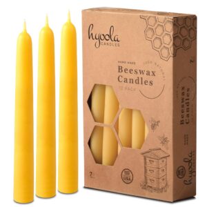 Hyoola 7 Inch Beeswax Taper Candles 12 Pack - Handmade, All Natural, 100% Pure Unscented Bee Wax Candle - Tall, Decorative, Golden Yellow - 7 Hour Burn Time