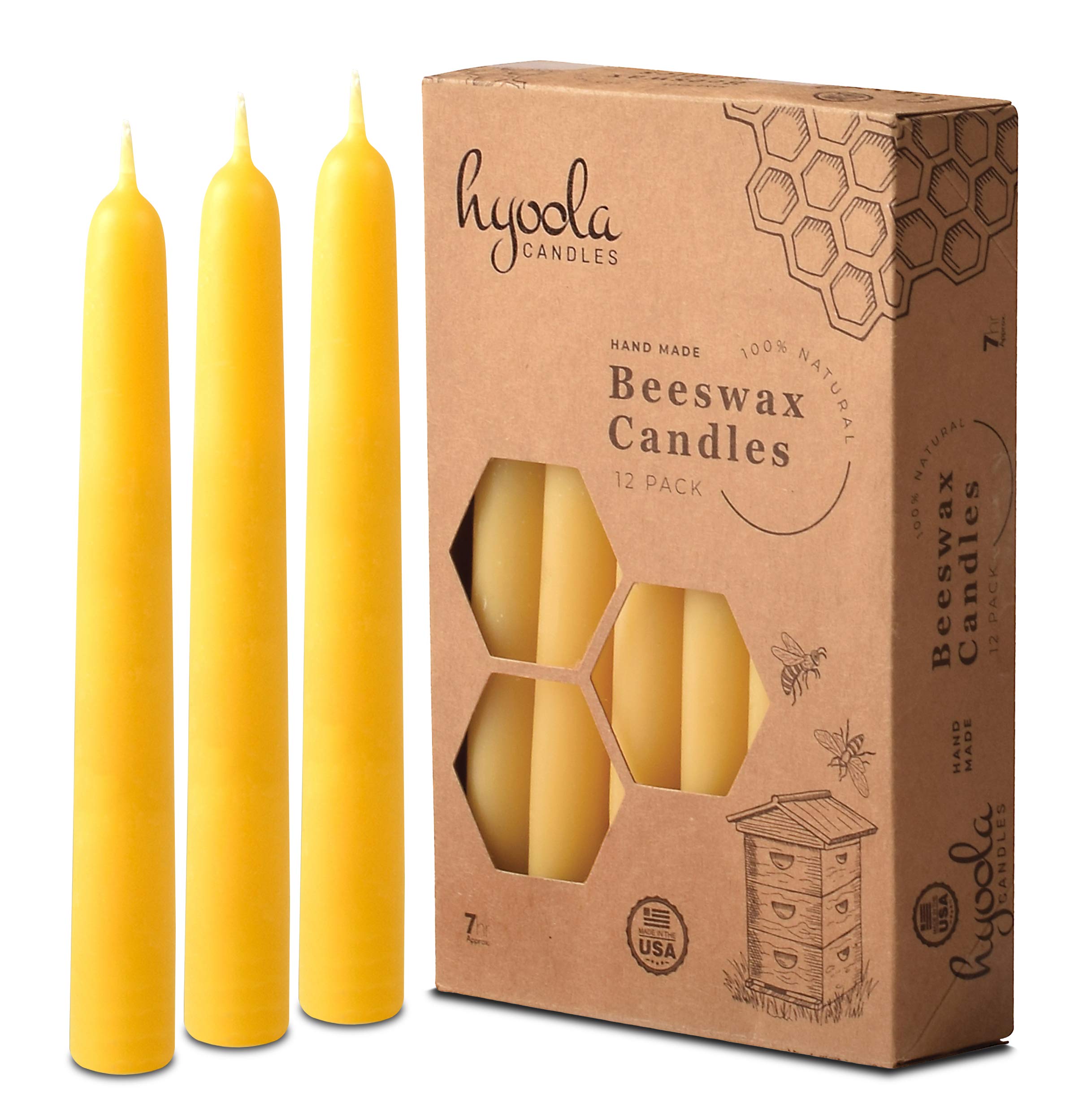 Hyoola 7 Inch Beeswax Taper Candles 12 Pack - Handmade, All Natural, 100% Pure Unscented Bee Wax Candle - Tall, Decorative, Golden Yellow - 7 Hour Burn Time