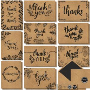 150 thank you cards with matching brown kraft envelopes and stickers - elegant 10 designs kraft paper bulk blank notes, prefolded 4x6 inch blank