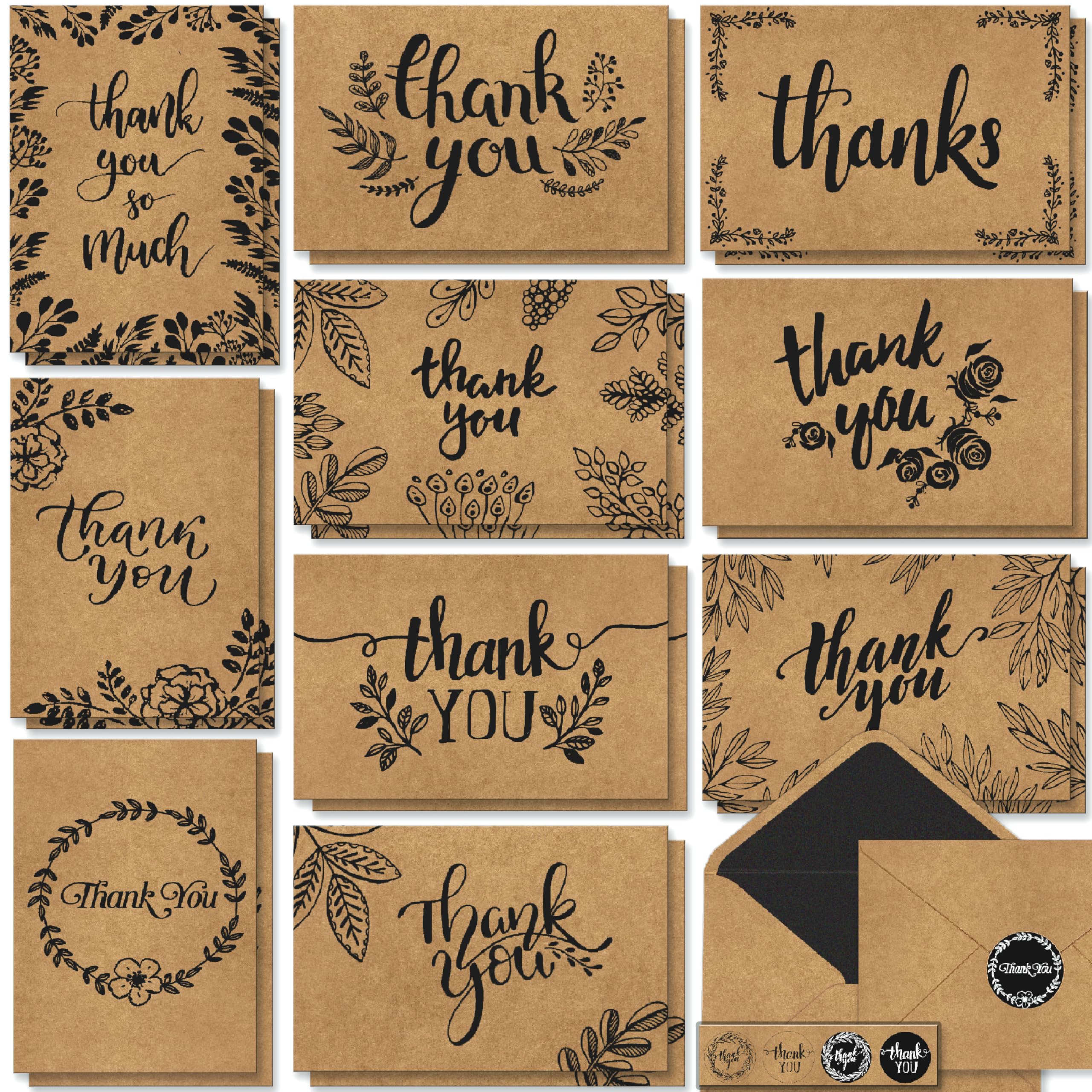 150 Thank You Cards with Matching Brown Kraft Envelopes and Stickers - Elegant 10 Designs Kraft Paper Bulk Blank Notes, Prefolded 4x6 Inch Blank