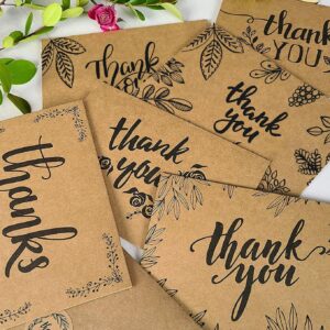 150 Thank You Cards with Matching Brown Kraft Envelopes and Stickers - Elegant 10 Designs Kraft Paper Bulk Blank Notes, Prefolded 4x6 Inch Blank