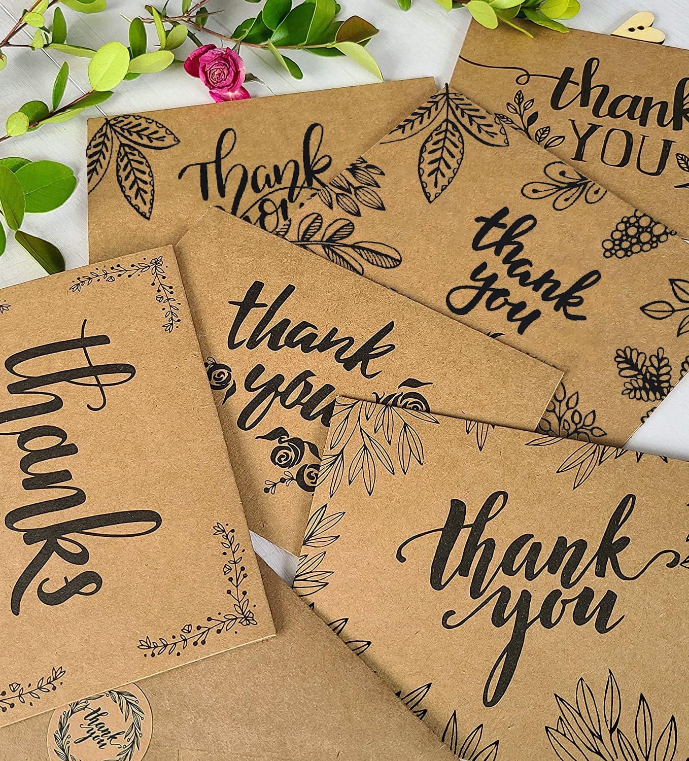 150 Thank You Cards with Matching Brown Kraft Envelopes and Stickers - Elegant 10 Designs Kraft Paper Bulk Blank Notes, Prefolded 4x6 Inch Blank