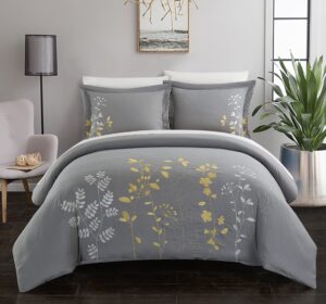 chic home kaylee 3 piece cover set embroidered floral design backing zipper closure bedding-decorative pillow shams included, king duvet, yellow