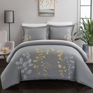 Chic Home Kaylee 3 Piece Cover Set Embroidered Floral Design Backing Zipper Closure Bedding-Decorative Pillow Shams Included, King Duvet, Yellow