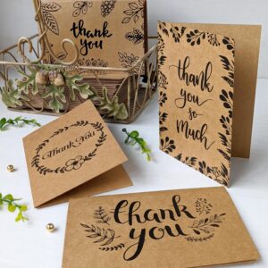 150 Thank You Cards with Matching Brown Kraft Envelopes and Stickers - Elegant 10 Designs Kraft Paper Bulk Blank Notes, Prefolded 4x6 Inch Blank