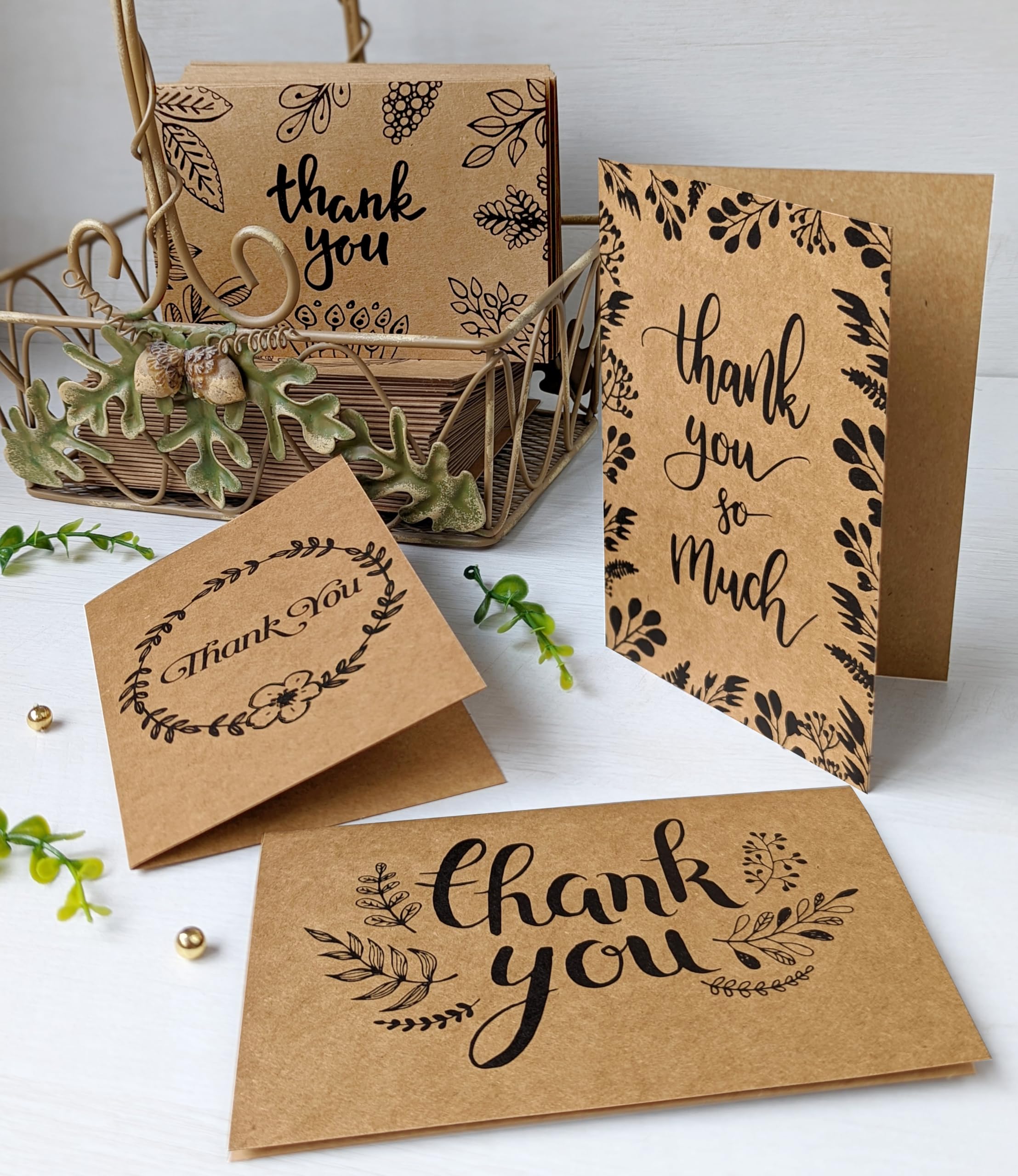 150 Thank You Cards with Matching Brown Kraft Envelopes and Stickers - Elegant 10 Designs Kraft Paper Bulk Blank Notes, Prefolded 4x6 Inch Blank