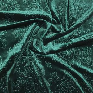 Hunter Green Floral Branches - Embossed Stretch Poly Velvet Fabric