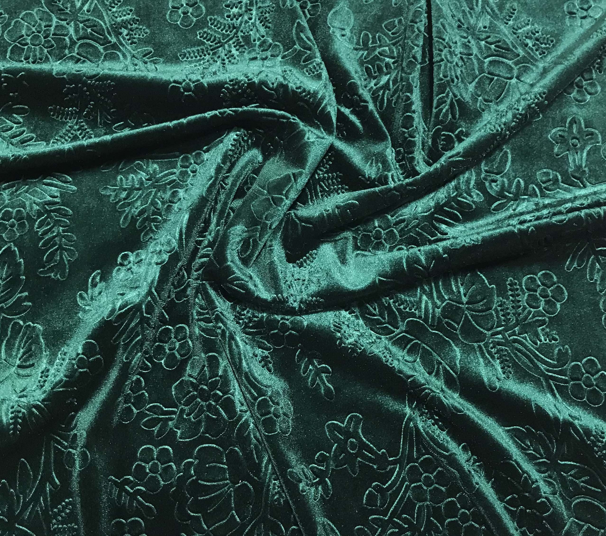 Hunter Green Floral Branches - Embossed Stretch Poly Velvet Fabric