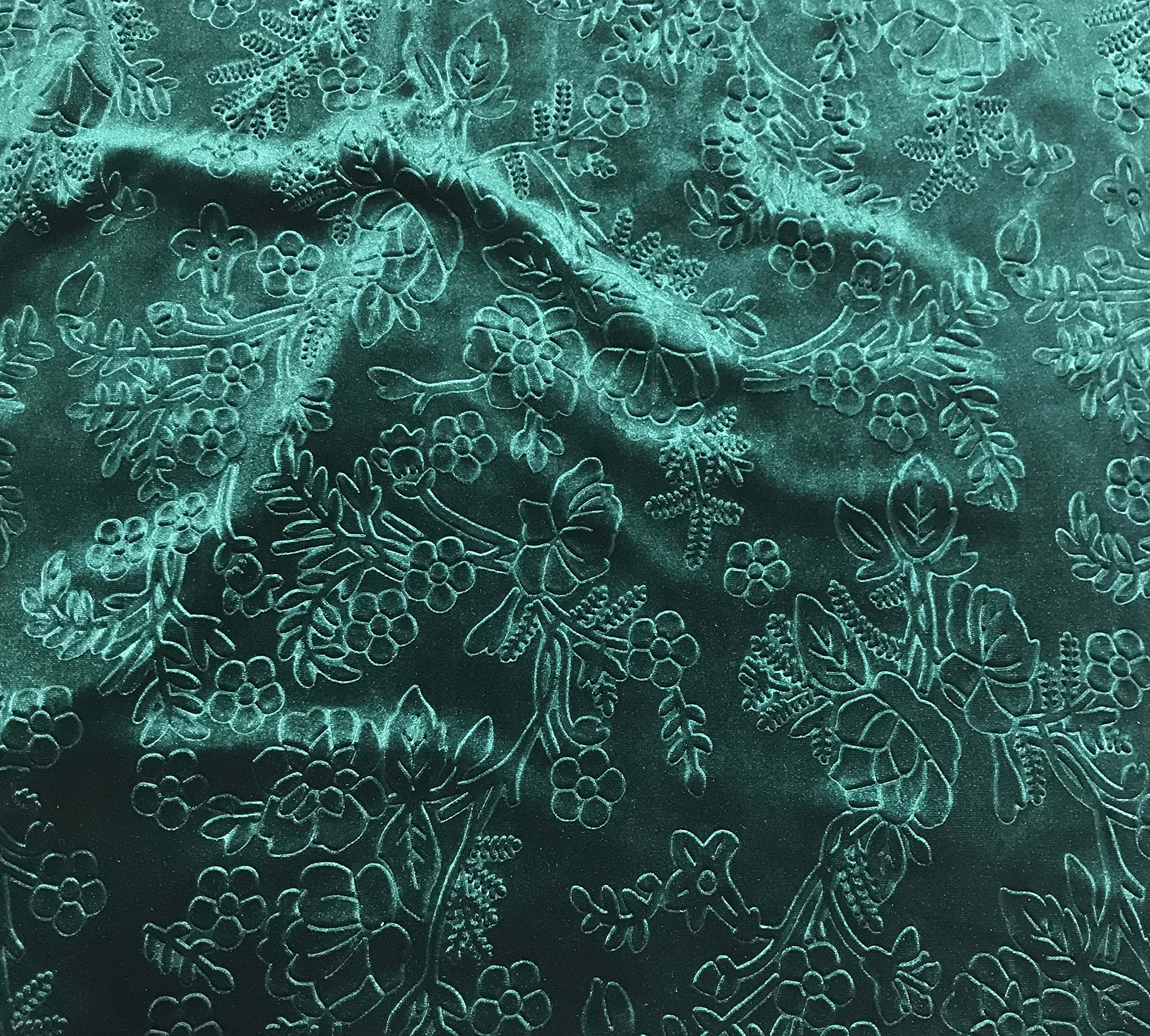 Hunter Green Floral Branches - Embossed Stretch Poly Velvet Fabric