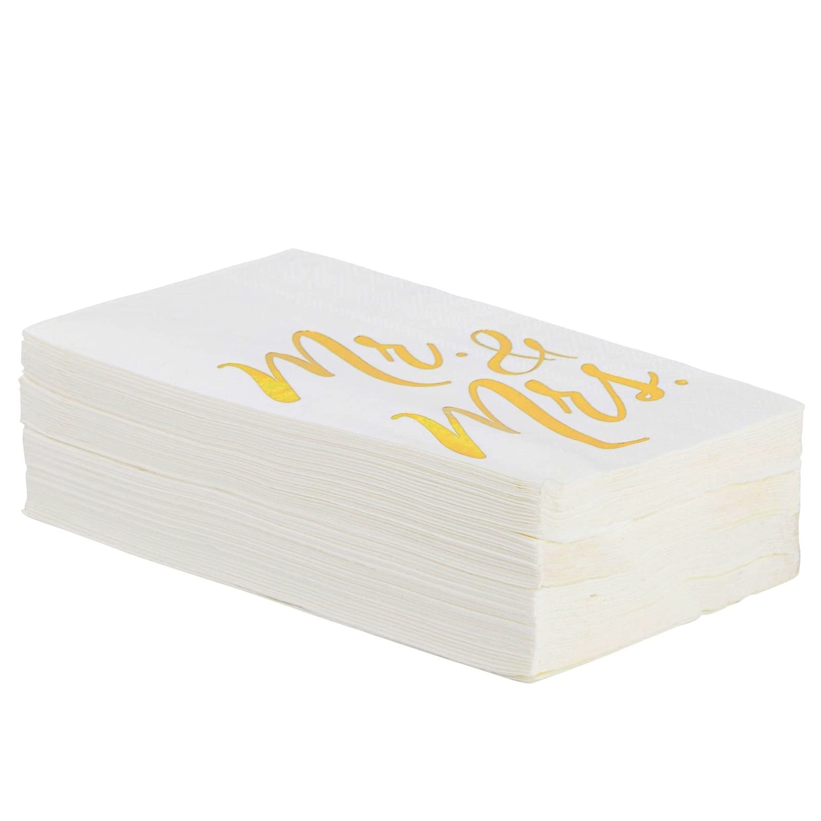 Juvale 50-Pack Mr and Mrs Napkins, Disposable Wedding Dinner Napkins for Reception, Rehearsal Dinner, Bridal Shower, Engagement Party (Gold Foil and White, 3-Ply, 4x8 in)