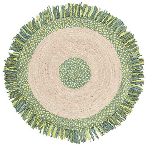 SAFAVIEH Cape Cod Collection 3' Round Green / Natural CAP212Y Handmade Boho Fringe Jute & Cotton Area Rug