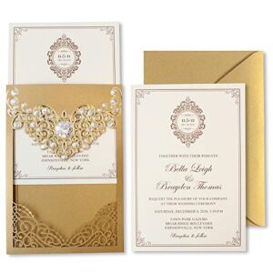 Picky Bride 25-Set Luxury Pocket Wedding Invitations, European-style Ivory Blank Cards, Gold Envelopes and Seals, 127 x 185mm