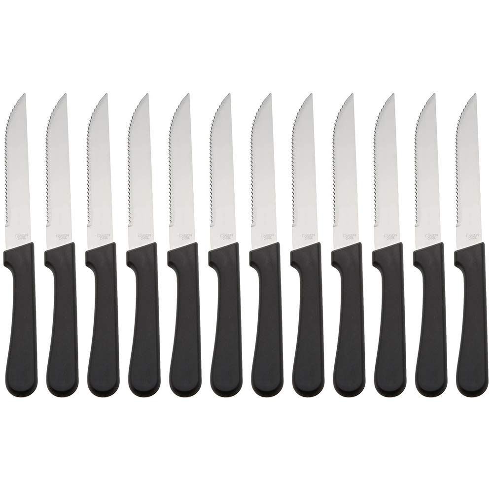 Tezzorio (Set of 12) Serrated-Edge Pointed-Tip Steak Knives, 5-Inch Stainless Steel Blade Steak Knives with Plastic Handles for Restaurants