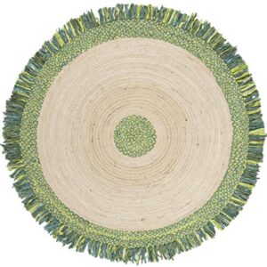 SAFAVIEH Cape Cod Collection 3' Round Green / Natural CAP212Y Handmade Boho Fringe Jute & Cotton Area Rug