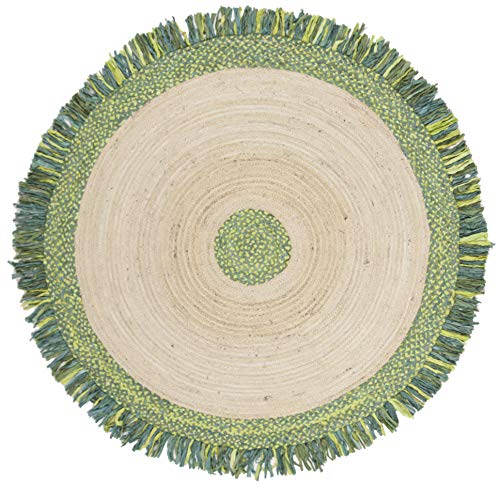 SAFAVIEH Cape Cod Collection 3' Round Green / Natural CAP212Y Handmade Boho Fringe Jute & Cotton Area Rug