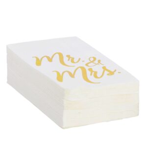 Juvale 50-Pack Mr and Mrs Napkins, Disposable Wedding Dinner Napkins for Reception, Rehearsal Dinner, Bridal Shower, Engagement Party (Gold Foil and White, 3-Ply, 4x8 in)