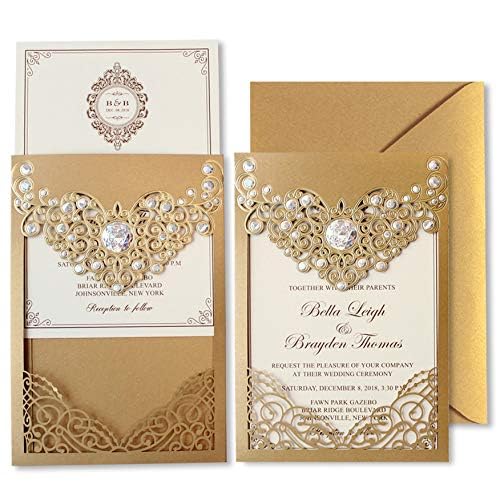 Picky Bride 25-Set Luxury Pocket Wedding Invitations, European-style Ivory Blank Cards, Gold Envelopes and Seals, 127 x 185mm