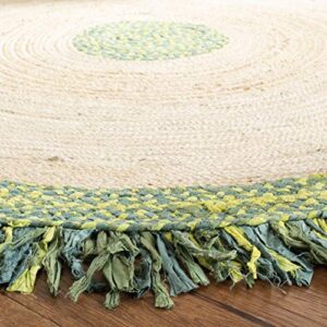 SAFAVIEH Cape Cod Collection 3' Round Green / Natural CAP212Y Handmade Boho Fringe Jute & Cotton Area Rug