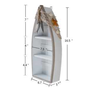 YK Decor 16.5"H Wooden Boat Display with 3 Shelves Fish Net Star Fish, White Wood Boat Stand Beach Nautical Theme Decor