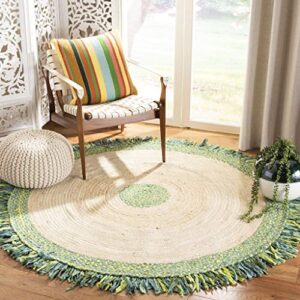 safavieh cape cod collection 3' round green / natural cap212y handmade boho fringe jute & cotton area rug