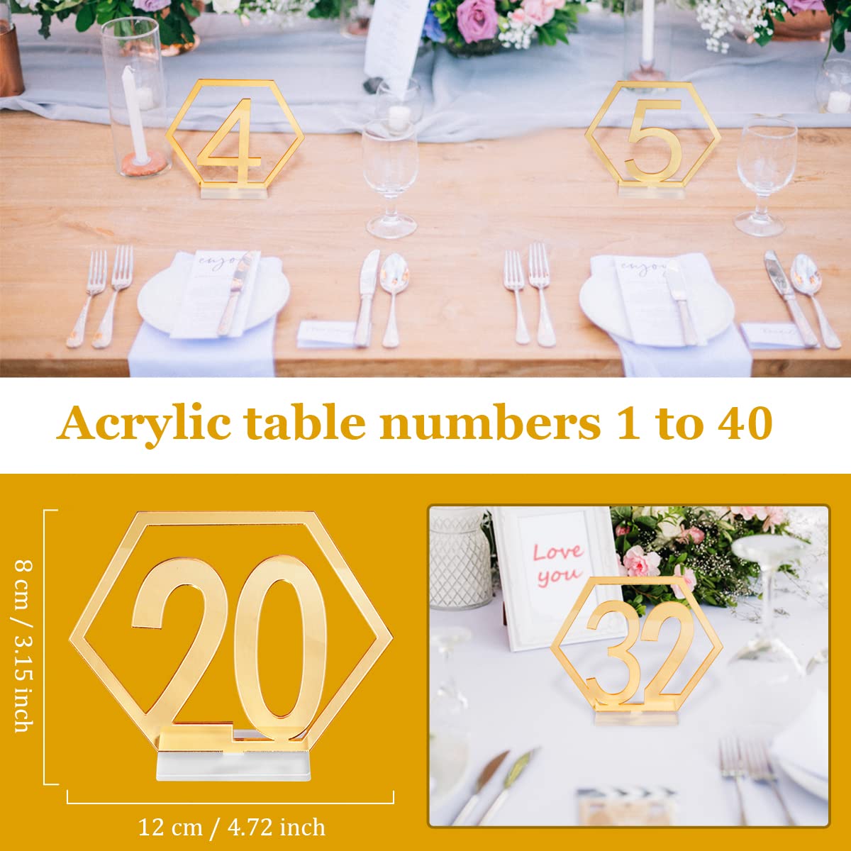 Fashionclubs Table Numbers, 1-40 Wedding Acrylic Table Numbers with Holder Base Party Card Table Holder,Hexagon Shape,Perfect for Wedding Reception and Decoration,Gold