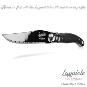 Chopmate Laguiole Premium Steak Knife Set - 4.5 inch - Classic Black Edition - Razor Sharp Kitchen Knives - Forged Stainless Steel - Full Tang Handle - 6 Piece Set + Wood Storage Display Block