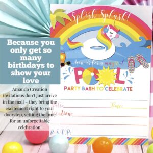 Unicorn Pool Float Rainbow Birthday Party Invitations, 20 5x7 Fill In Cards with Twenty White Envelopes by AmandaCreation