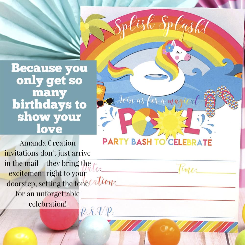 Unicorn Pool Float Rainbow Birthday Party Invitations, 20 5x7 Fill In Cards with Twenty White Envelopes by AmandaCreation