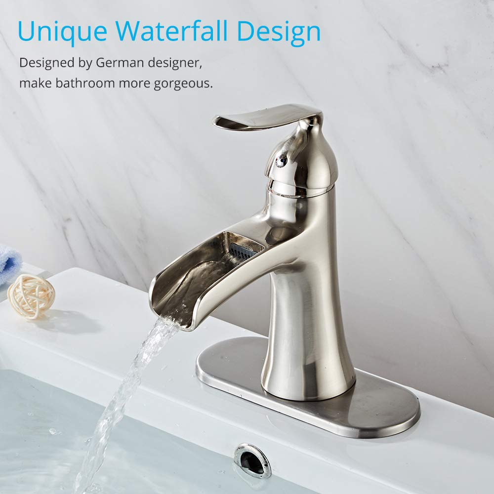 Wovier Brushed Nickel Waterfall Bathroom Sink Faucet with Cover Plate,Single Handle Single Hole Brass Lavatory Vanity Faucet,Basin Mixer Taps with Supply Hose and Pop Up Drain Assembly