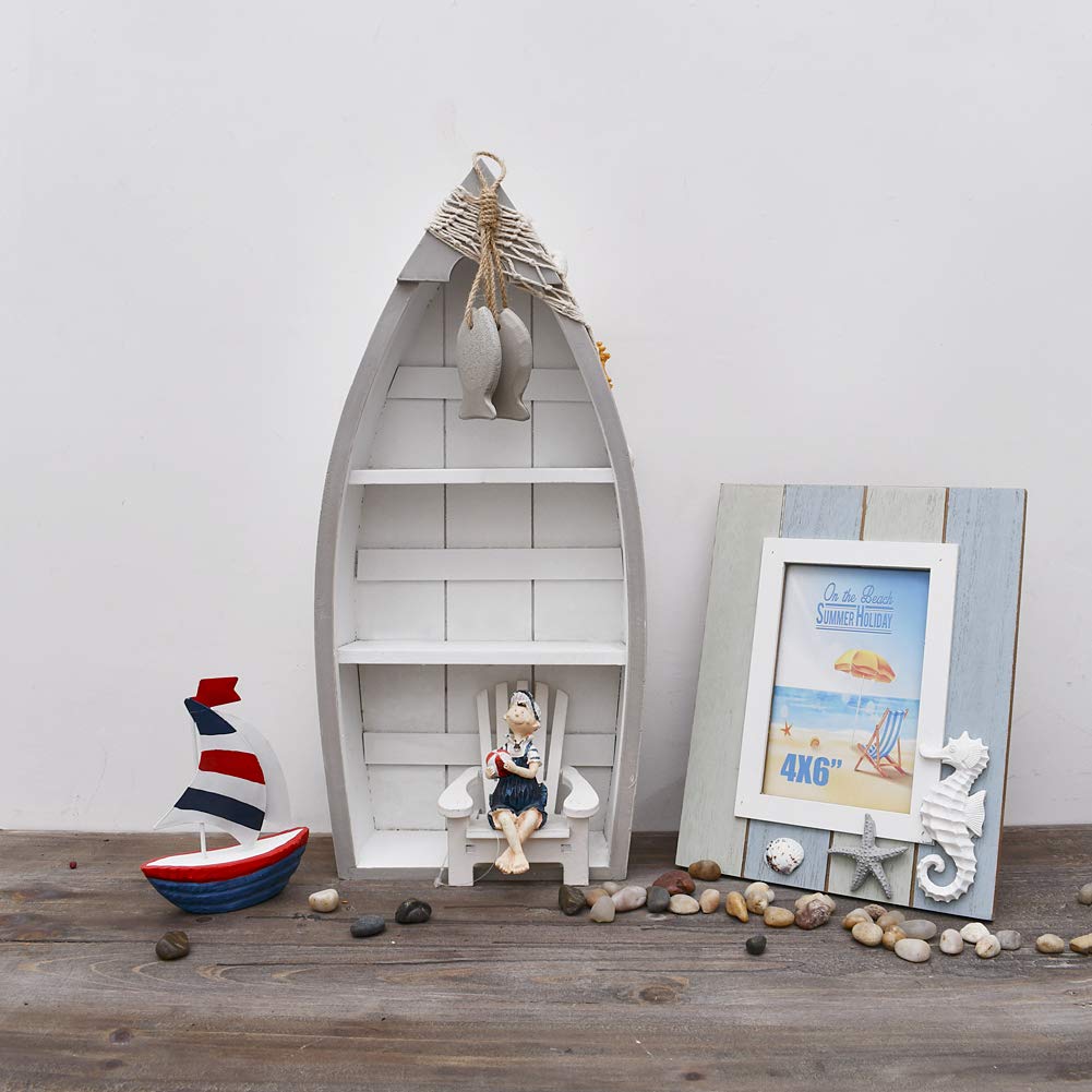 YK Decor 16.5"H Wooden Boat Display with 3 Shelves Fish Net Star Fish, White Wood Boat Stand Beach Nautical Theme Decor