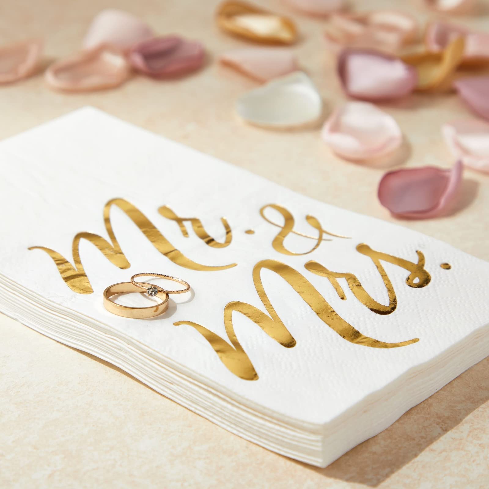 Juvale 50-Pack Mr and Mrs Napkins, Disposable Wedding Dinner Napkins for Reception, Rehearsal Dinner, Bridal Shower, Engagement Party (Gold Foil and White, 3-Ply, 4x8 in)