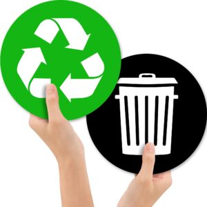 Recycle and Trash Logo Stickers 4 Pack - 6in Circle - for Metal or Plastic Garbage cans, and Bins - Indoor & Outdoor - Laminated and UV Protected Premium Decal (Green, Medium)