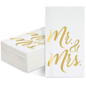 juvale 50-pack mr and mrs napkins, disposable wedding dinner napkins for reception, rehearsal dinner, bridal shower, engagement party (gold foil and white, 3-ply, 4x8 in)