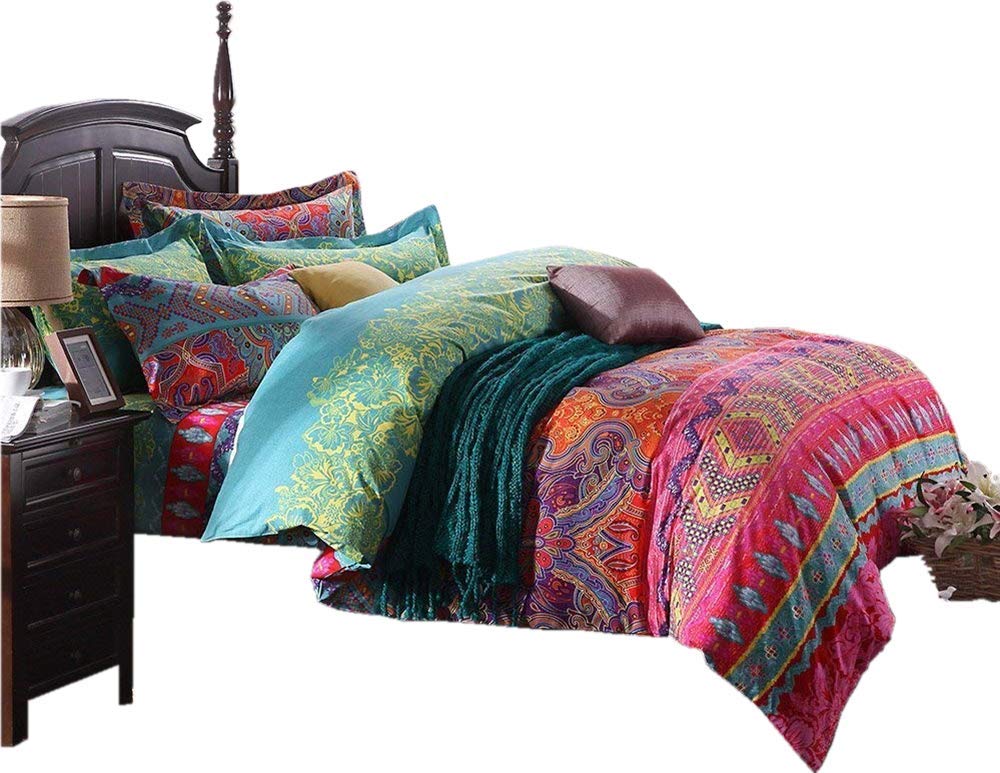 LELVA Ethnic Exotic Bedding Set Bohemian Quilt Cover Sets Boho Duvet Cover Sets with Fitted Sheets 4 Piece Cotton California King Size