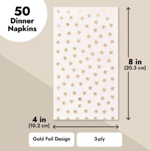 Juvale 50 Pack Gold Star Party Napkins - Disposable White and Gold Dinner Napkins for Birthday, Graduation (3-Ply, 4x8 In)