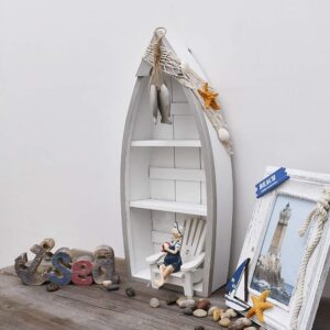 YK Decor 16.5"H Wooden Boat Display with 3 Shelves Fish Net Star Fish, White Wood Boat Stand Beach Nautical Theme Decor