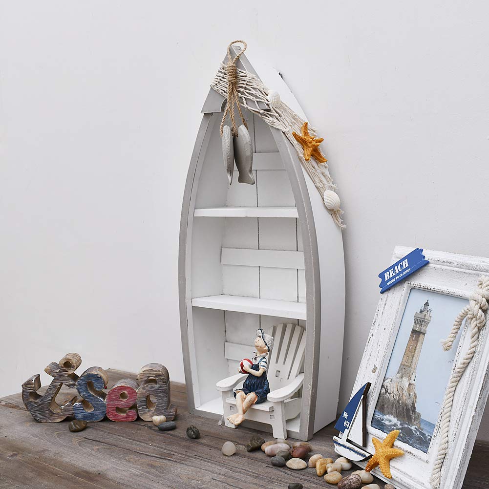 YK Decor 16.5"H Wooden Boat Display with 3 Shelves Fish Net Star Fish, White Wood Boat Stand Beach Nautical Theme Decor