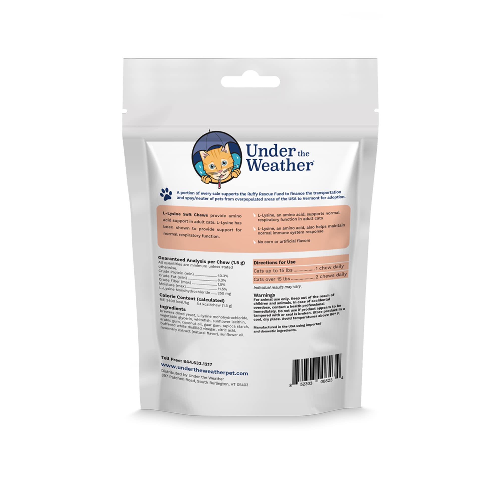 Under the Weather Pet Daily Cat L-Lysine | 60 Bite Size Soft Chews for Cats |Vet Formulated, All Natural, Amino Acid Support for Felines | Maintain Normal Immune System Response