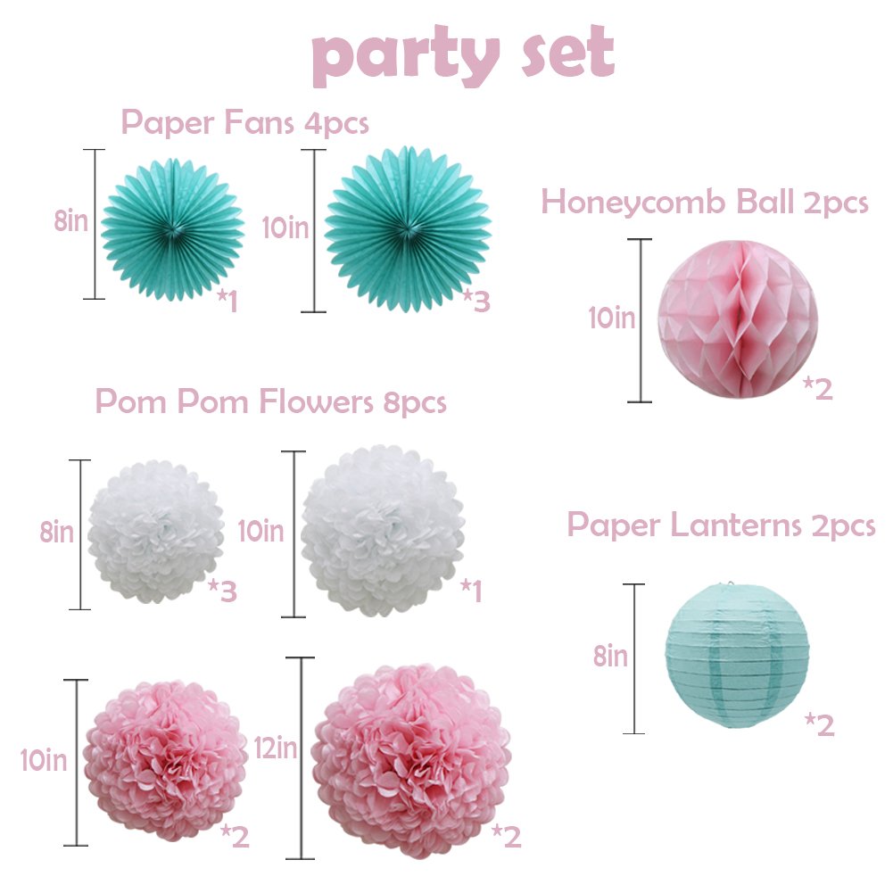 Teal Party Supplies for Bridal Baby Shower First Birthday Party Wedding Decorations (16pcs) Paper Honeycomb Ball Pom Poms Flowers Paper Lanterns Hanging Tissue Fan