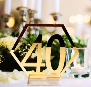 fashionclubs table numbers, 1-40 wedding acrylic table numbers with holder base party card table holder,hexagon shape,perfect for wedding reception and decoration,gold